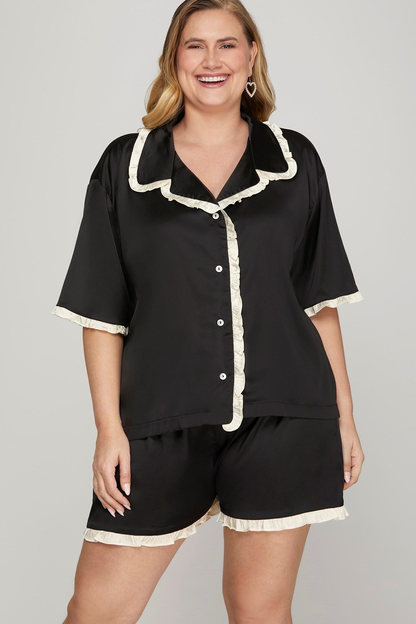 Be My Guest Curvy Contrast Ruffle Pajama Set – Dotsy's Boutique